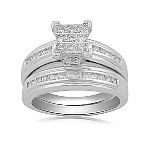 Jewelili Sterling Silver 1/2 Cttw Natural White Round Diamond Bridal Set Engagement Ring, Size 7