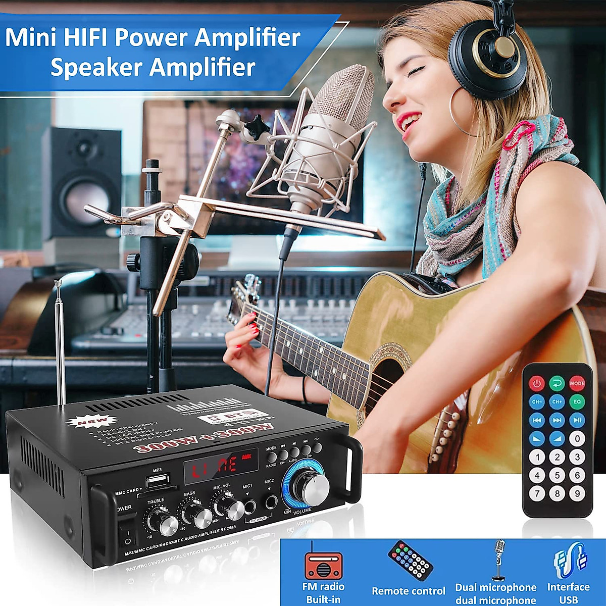 Etlephe 298A Mini Bluetooth 5.0 Stereo Amplifier,Amplifier home Audio,Audio Receiver,300W+300W 2 Channel Power Sound Receiver/USB,SD Card,FM Radio,2 Mic for Home Speakers & Theater System-12V 110V
