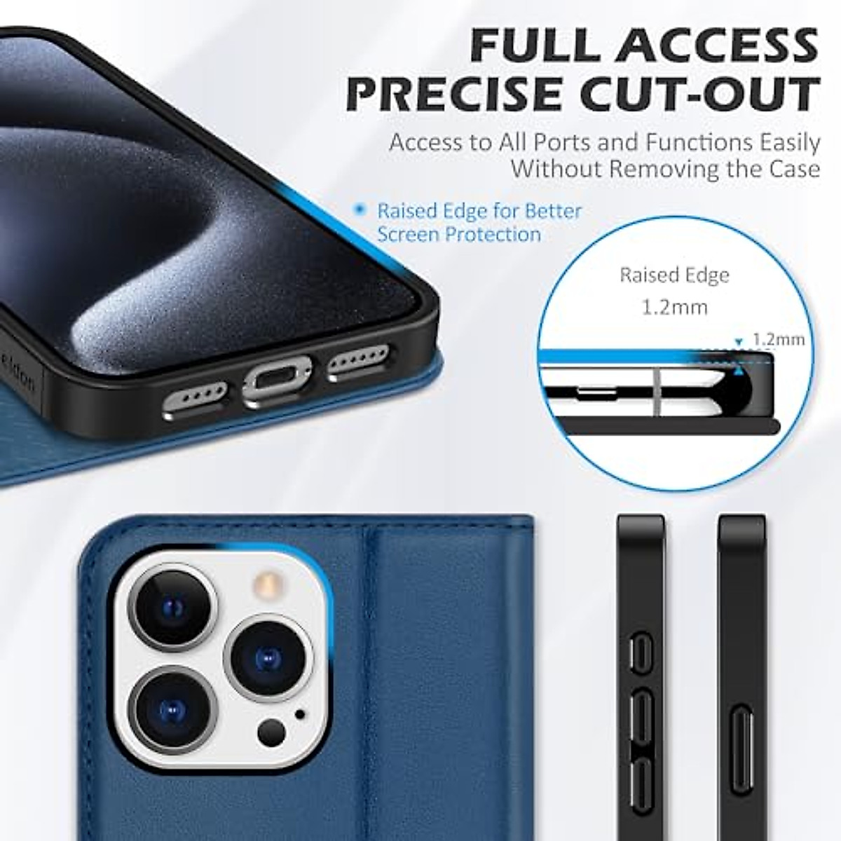 SHIELDON Wallet Case for iPhone 15 Pro Max 6.7", Genuine Leather Wallet Flip Magnetic RFID Blocking Credit Card Slot Kickstand Shockproof TPU Shell Case Compatible with iPhone 15 Pro Max - Royal Blue