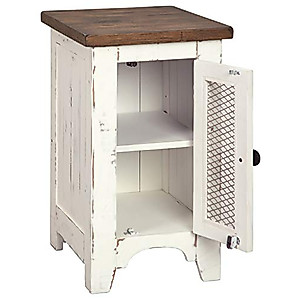 Signature Design by Ashley Wystfield Farmhouse Square Storage Coffee Table with Hinged Lift Top, Distressed White and Chair Side End Table with Cabinet Door for Storage, White & Brown