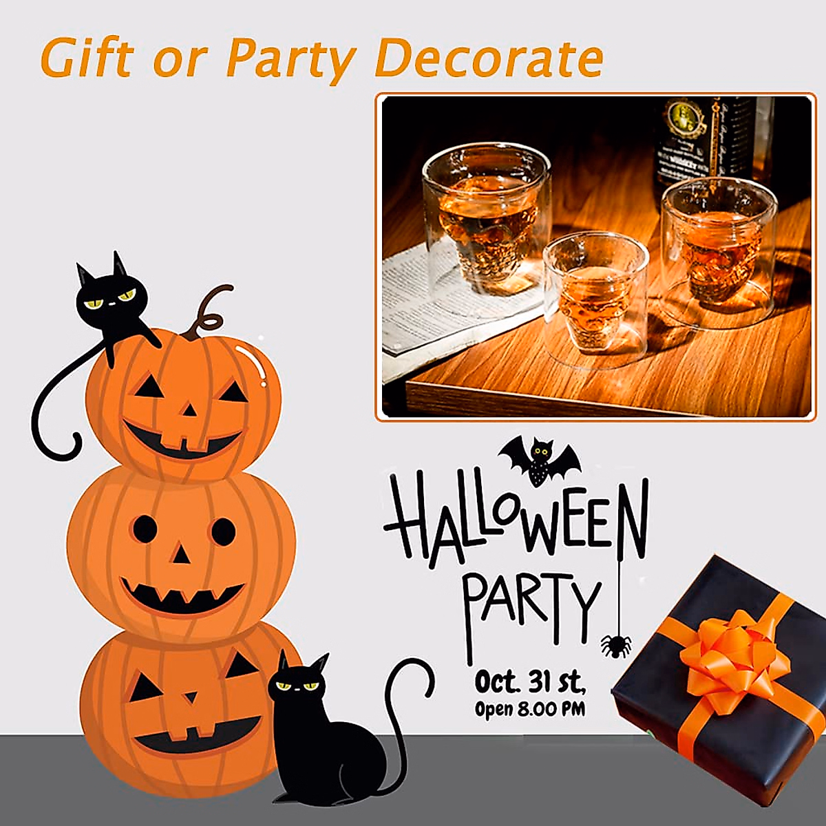 DECKALY Crystal Skull Shot Glasses Double Wall Glass Cup Set of 4, 2.5 oz Whiskey Shot Glasses, Party & Bar Decor Drinking Glassware for Whiskey, Vodka, and Cocktail