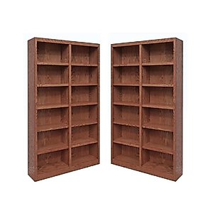 Home Square Tall 12-Shelf Double Wide Solid Wood 84" Bookcase, Set of 2, in Dry Oak