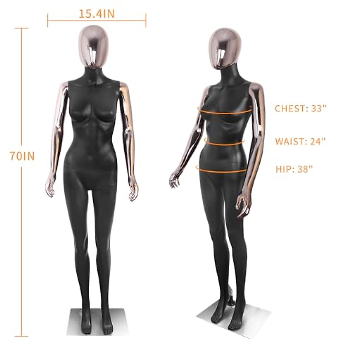 Female Mannequin Black Dress Form Full Body Manikin Body 70 Inches Adjustable Maniquins Dress Model Plastic Detachable Manequins Stand Metal Base Metal Connector, Rose Gold Head and Hands