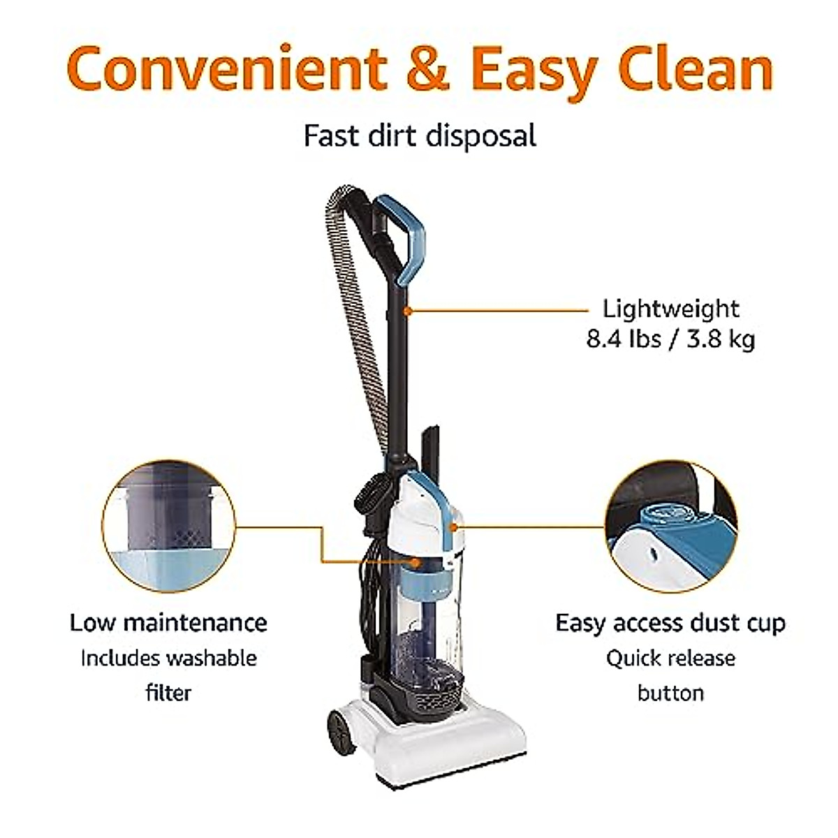Amazon Basics Upright Bagless Lightweight Vacuum Cleaner, White