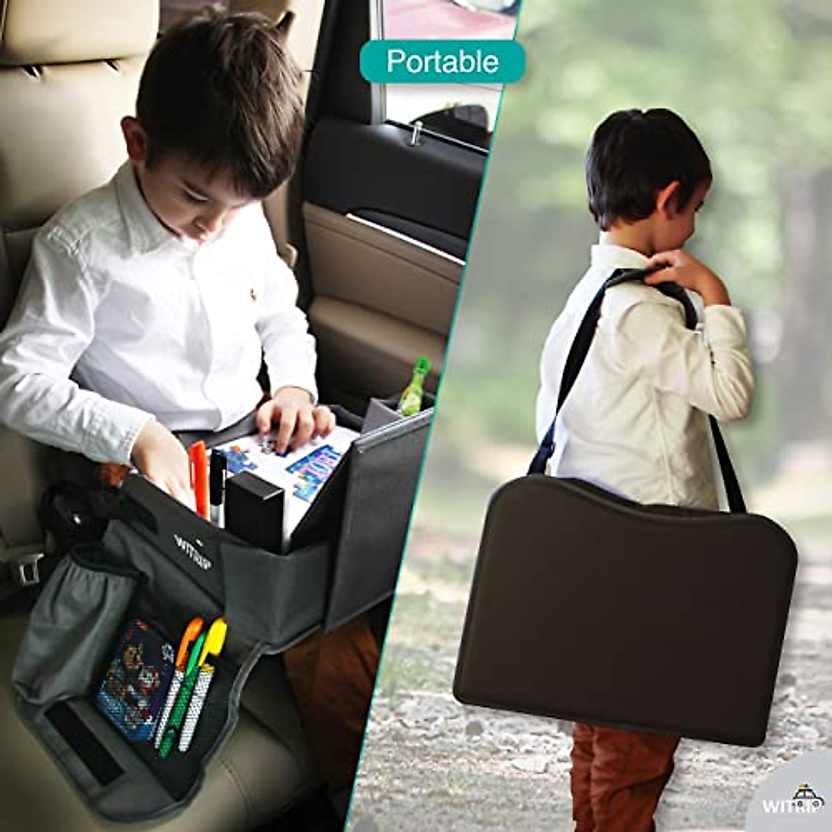 Kids Travel Tray with Dry Erase Board, Car Seat Tray for Food & Play Activity, Carseat Table Trays for Toddler, Kid Activity Desk for Air Travel, No-Drop Tablet Holder & Borders (Grey with Blue Frame)