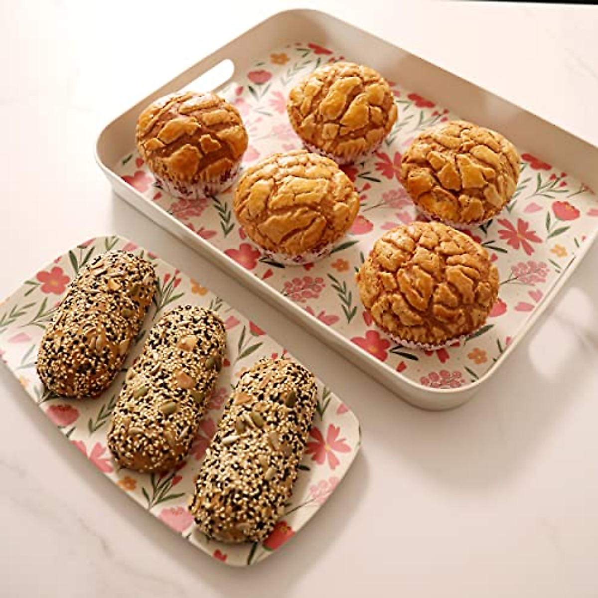 Finorder Serving Trays, Bamboo Fiber Tray with Handles, 16" x 12" Decorative Tray Great for Eating, Tea, Bar, Breakfast or Any Food Tray, Red Flower Prints