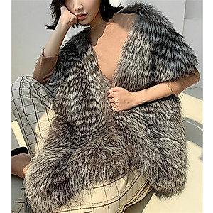LO-01 Big Fluffy Fur Shawl Scarf With Real Silver Fox Qualitied Fur For Women Autumn Winter Spring Skiing Warm Wear Furry Collar Fuzzy Big Wrap Scarf (One Size, Silver Fox)