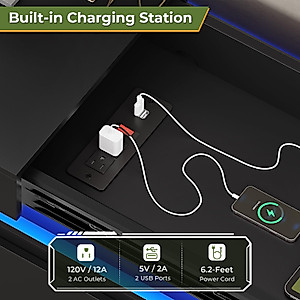 DICTAC Modern 6 Drawer Dresser with Sliding Desktop, Wide Chest of Drawers with Charging Station & LED Lights, Large Storage Tower Clothes Organizer, Black Dresser for Bedroom