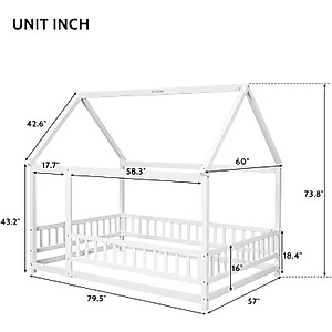 Harper & Bright Designs Full Size Floor Bed for Kids, Wood House Bed with Guardrails, Montessori Design, House-Shaped Roof, for Kids, Boys, Girls, No Spring Box Needed, White
