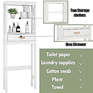 OQSC Bathroom Shelf Over The Toilet X- Frame Bathroom Organizer with 1 Drawer and Open Shelves Bathroom Space Saver(White)