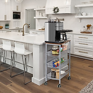 NORCEESAN Kitchen Cart 4 Tier Island Rolling Cart with Wood Shelf Serving Cart on Wheels for Bathroom Mesh Rolling Carts Industrial Storage Cart for Bedroom Living Room, Modern Silver