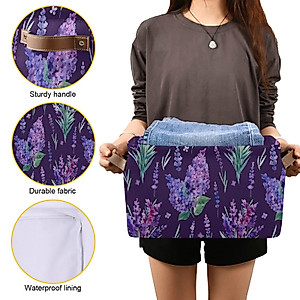 Large Foldable Storage Basket Lavender Flowers Purple Floral Storage Bin Canvas Toys Box Fabric Decorative Collapsible Organizer Bag with Handles for Bedroom Home