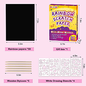 pigipigi Scratch Paper Art for Kids - 60 Pcs Rainbow Magic Scratch Off Art Crafts Set Supply Drawing Note Kit for Girls Boys Toddler Party Favor Activity Game Birthday Christmas Easter Toy Gift