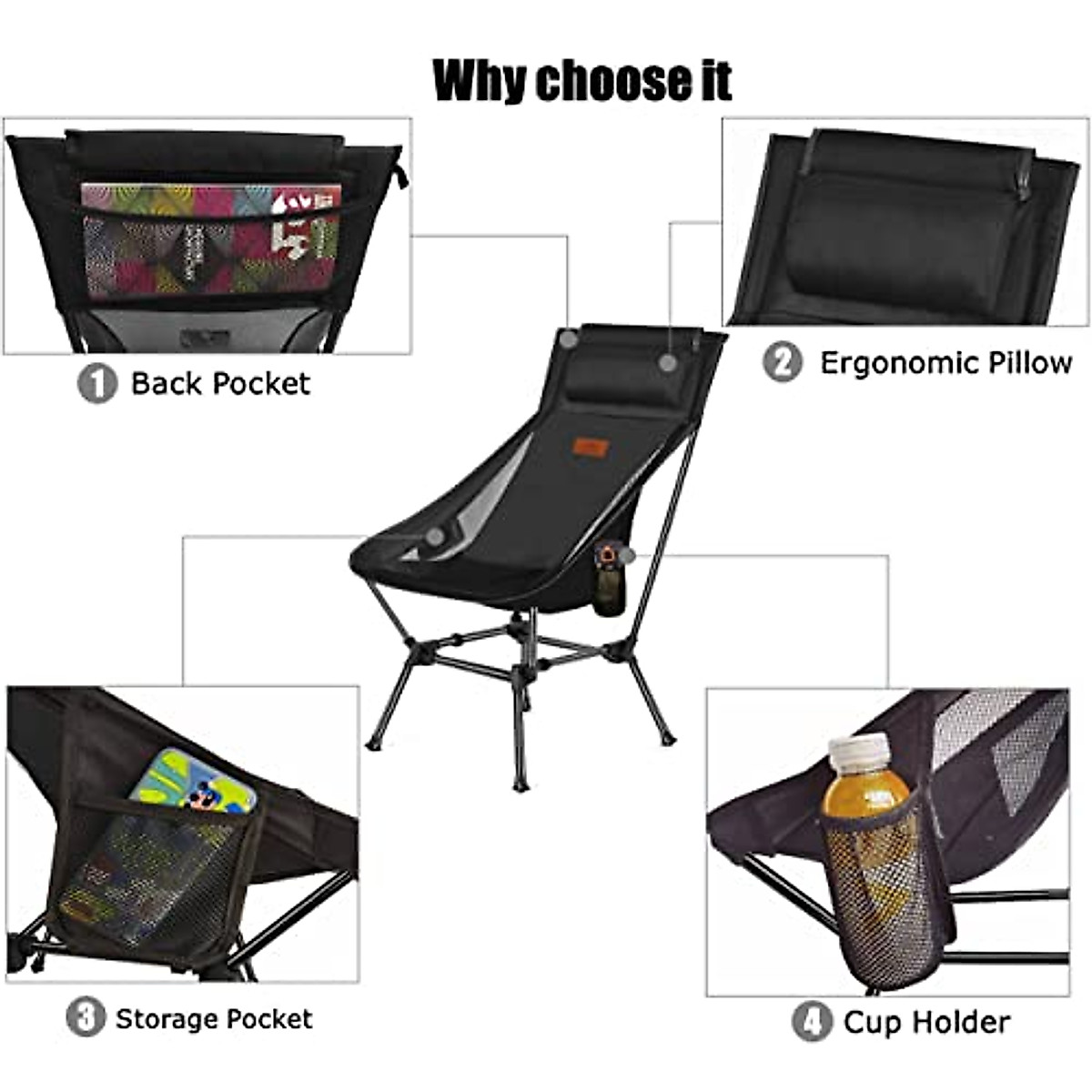 AnYoker Camping Chair, 2 Way Compact Backpacking Chair, Portable Folding Chair, Beach Chair with Side Pocket, headrest and Foot Rest, Lightweight Hiking Chair 01666 （Black）