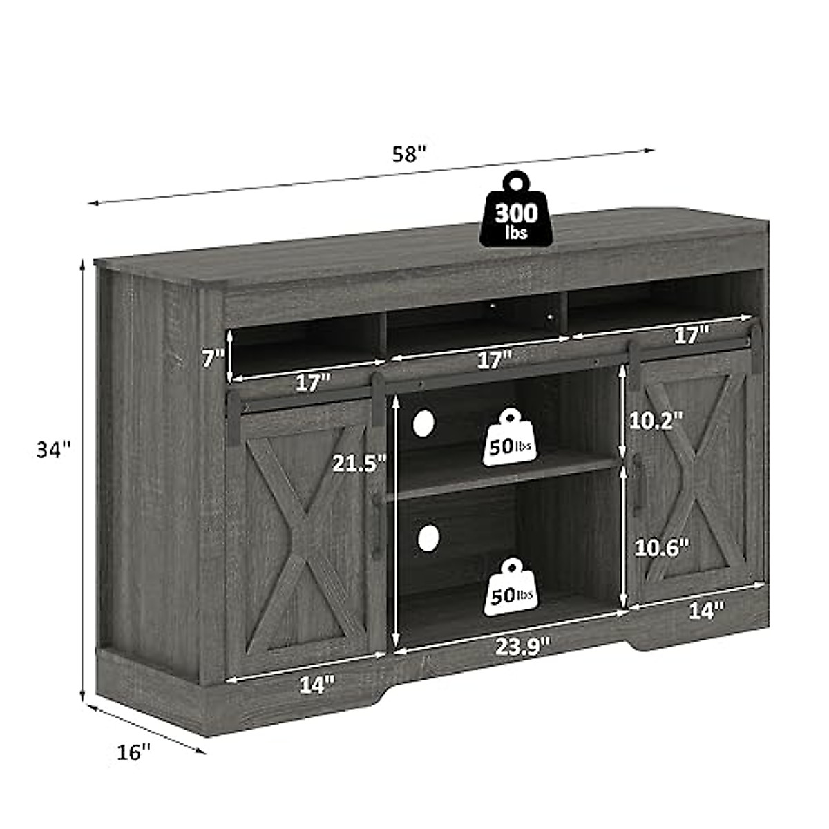 windaze Farmhouse 65 inch TV Stand, Entertainment Center with Sliding Barn Doors, Dark Grey