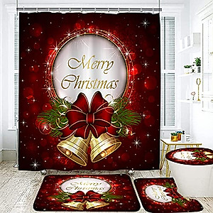 Kerally 4Pcs Merry Christmas Bathroom Sets, Waterproof Christmas Shower Curtain, Non-Slip Carpet, Toilet Mat and Floor Mat Shower Curtain Set for Holiday Decoration