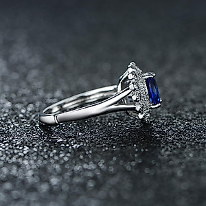 JIANGXIN 925 Sterling Silver Anniversary Ring Princess Diana Royal Engagement Platinum Plated Fine Jewelry for Women Adjustable size 6 7 8 9 (Created Blue Sapphire)