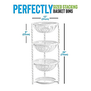 Uncluttered Designs Stacking Basket Bins (3 Tier + Plate) — Display for Fruit, Potato, Onion & Produce — Crafts, Art Supplies & Housewares Organizer — Bedroom & Bathroom Organization & Storage (White)