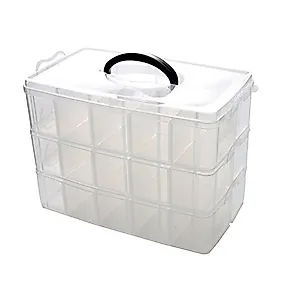 MINGHU 3-Tier Transparent Stackable Adjustable Compartment Slot Plastic Craft Storage Box Organizer Snap-lock Tray Container 3 Sizes 4 Candy Colors Available (Large 30 Compartment, White)