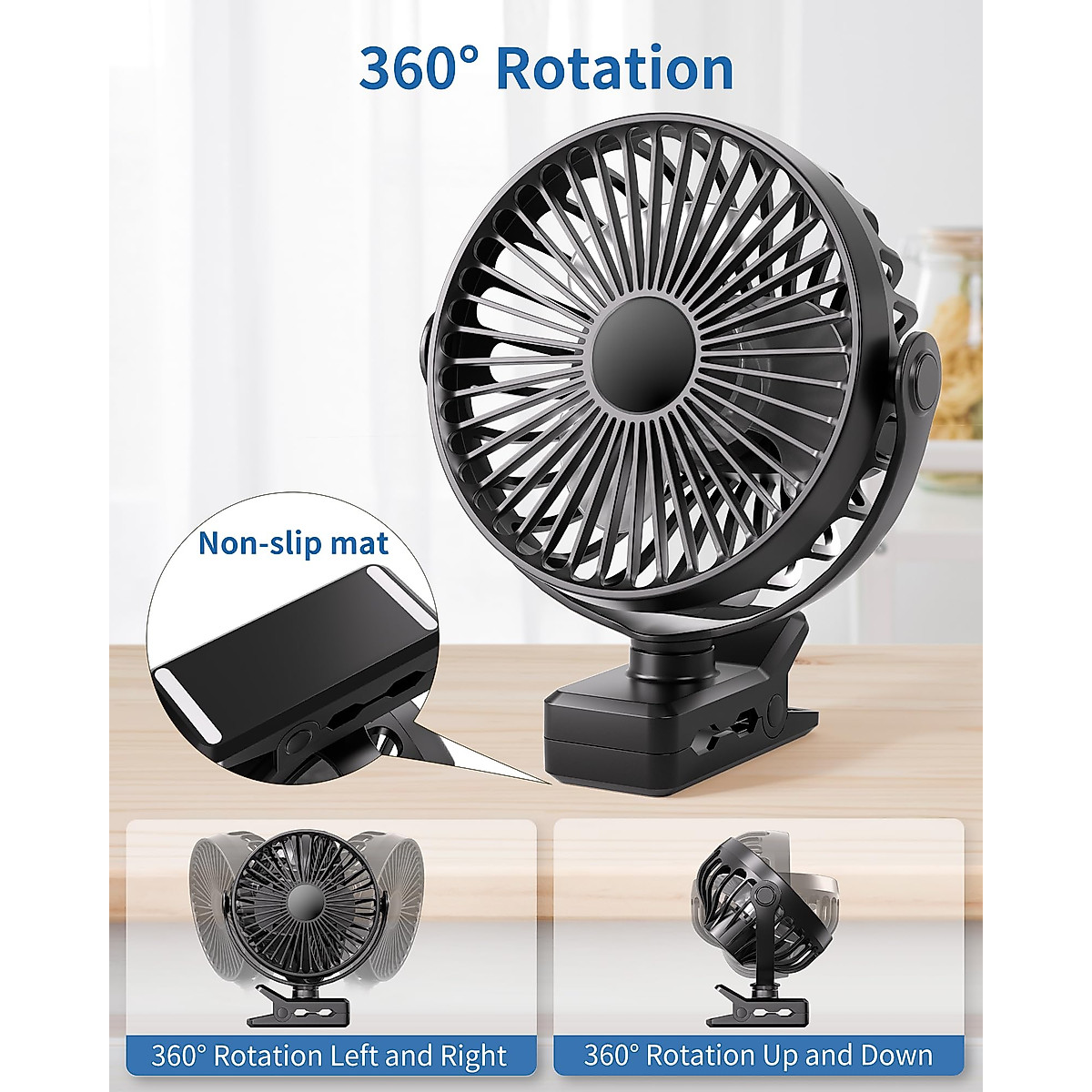 Portable Clip on Fan, Small Powerful Wind Cooling Desk Fan, 3 Speed Quiet Personal Fan with Clip, 360° Rotatable Battery Operated Rechargeable Mini Table Fan for Home Office Stroller Travel Camping