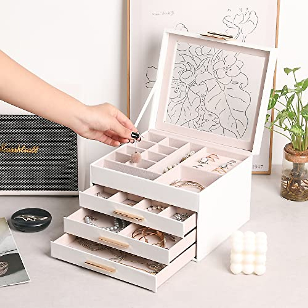 Frebeauty Clear Lid Jewelry Box,4 Layers Jewelry Organizer Large Multi-Functional Jewelry Storage Box with 3 Drawers,Jewelry Display Case of Rings Earrings Necklace Bracelets for Women Girls (White)