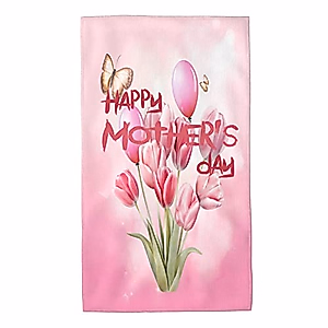 Heantstoy Happy Mother's Day Watercolor Pink Tulips Hand Towel Soft Bath Towel Kitchen Tea Dish Towels Bathroom Decorations Housewarming Gifts 27.5in X 15.7in