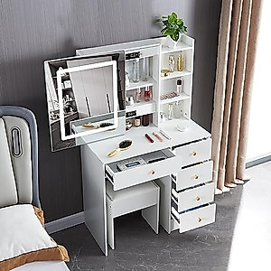 JBLCC Vanity Desk with Mirror and Lights,Makeup Vanity with Sliding Mirror, Makeup Table Set with Storage Shelves, Drawers, Modern Vanity Table for Bedroom (62706led)