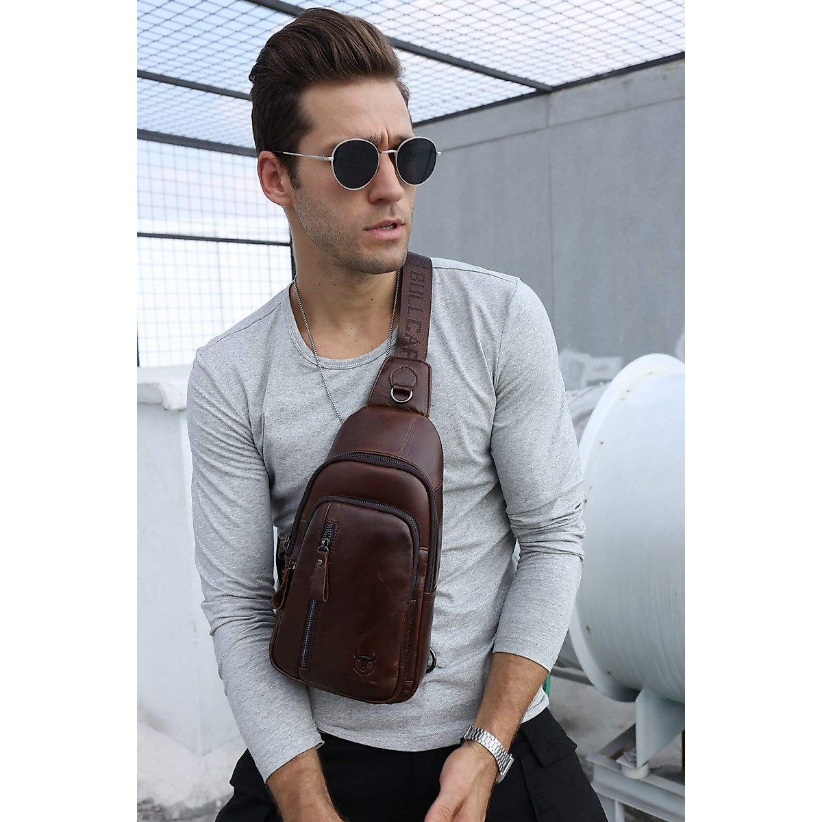 Sling Bag, Leather Chest Bag Crossbody Shoulder Business Backpack Outdoor Coffee