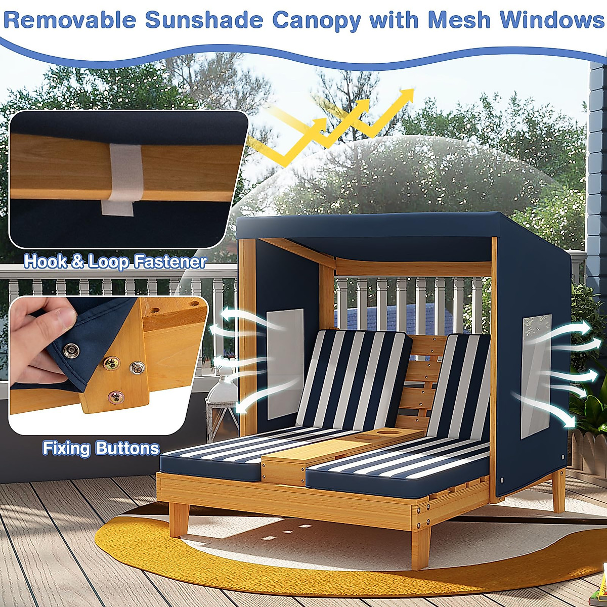 Costzon Kids Lounge Chair Outdoor, Wood Double Seat Chaise Lounge with Canopy, Cup Holders, Cushion, Backrest Recliner, Kids Patio Furniture, Gift for Boys Girls 3-8 Years Old