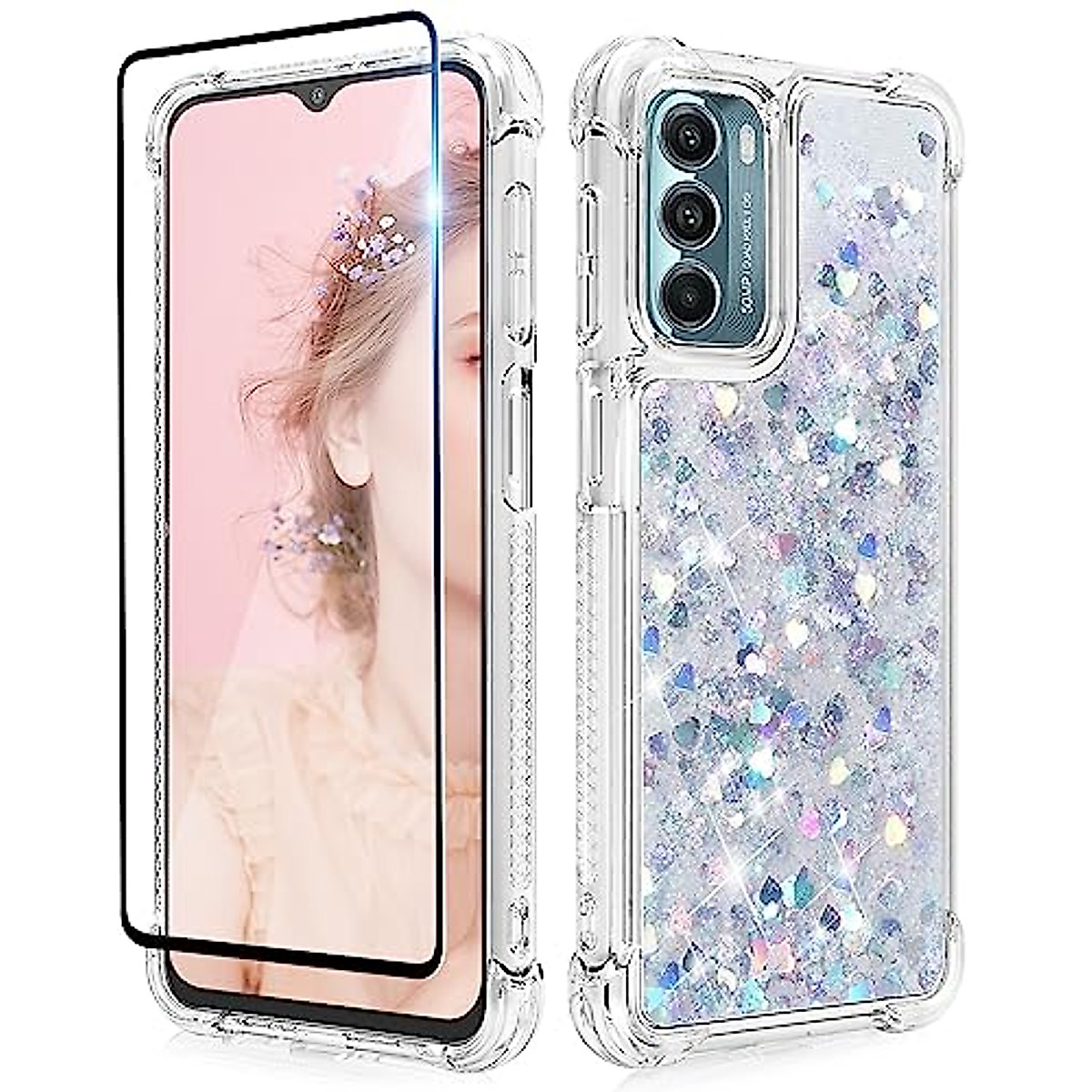 Dzxouui Moto G Stylus 5G 2022 Case - Cute Glitter Quicksand TPU Cover with Glass Screen Protector - Silver