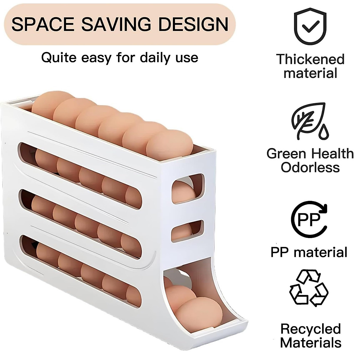 30 Eggs Egg Holder for Fridge,4 Tiers Egg Holder for Fridge,Auto Rolling Fridge Egg Organizer for Refrigerator,Space-Saving Egg Dispenser Holder,Fridge Egg Rack, Egg Storage Rack for Kitchen(White)