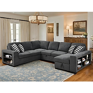 THSUPER Oversized Sectional Sleeper Sofa with Pull Out Bed, Chaise Lounge and Side Storage, U Shaped Comfy Sectional Sofa Couches Set for Living Room - 6 Seater, Dark Grey Fabric