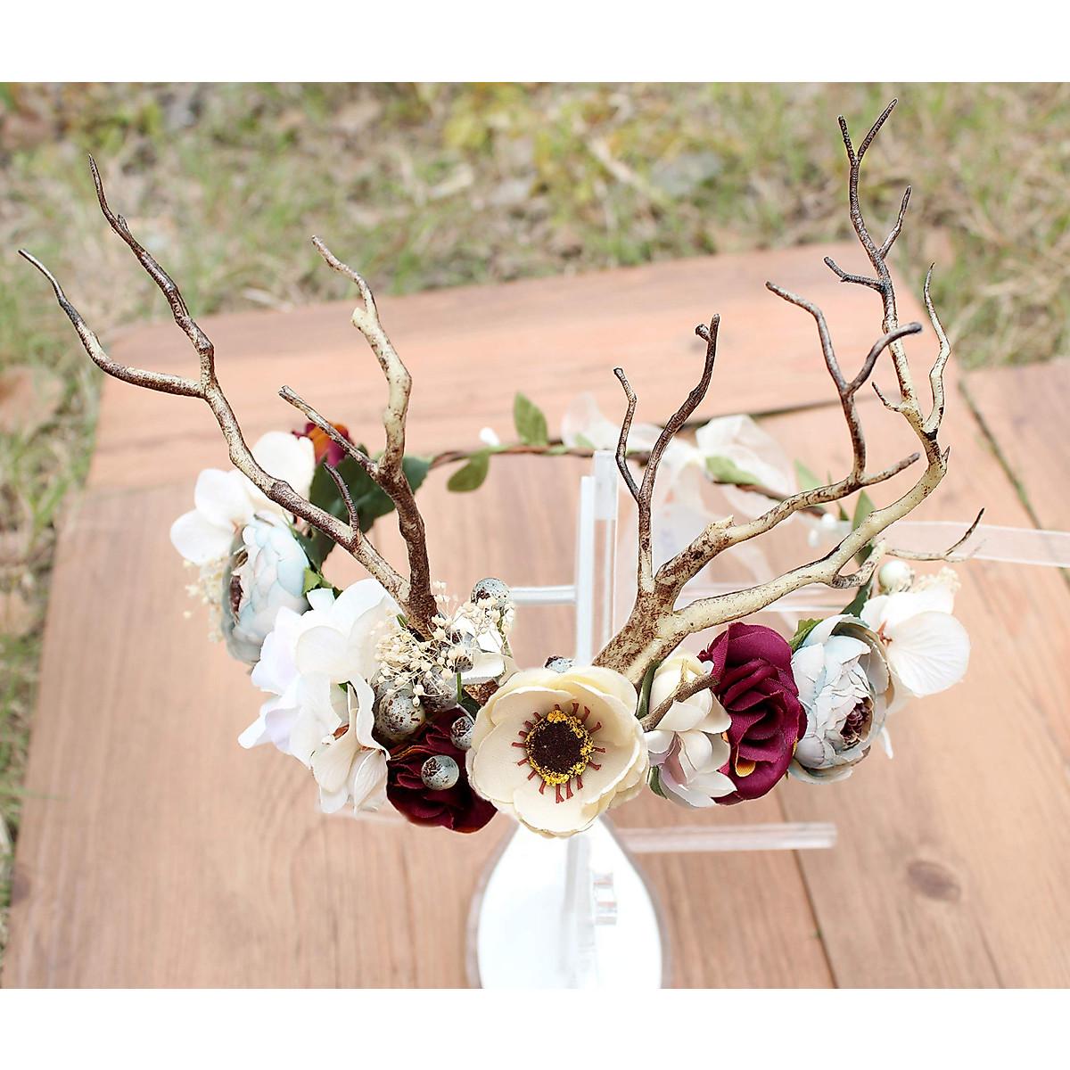 Vivivalue Deer Flower Crown Boho Flower Headband Hair Wreath Floral Headpiece Halo with Ribbon Wedding Party Festival Photos