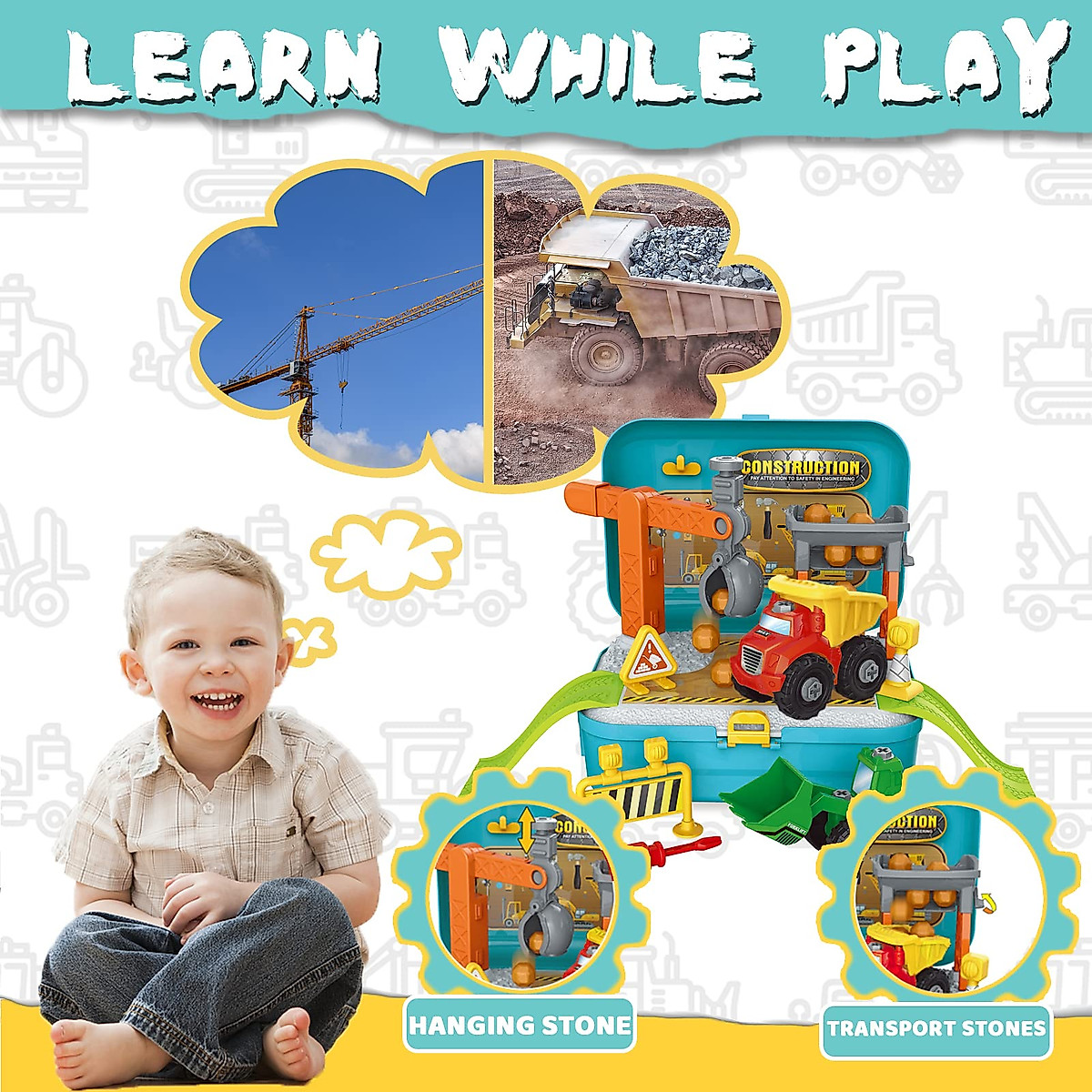 KAEGREEL Construction Vehicles Toys for Boys, 60PCS Take Apart Trucks Engineering Building Excavator Crane DumpToy Set with Backpack, STEM Birthday Gifts for Kids Aged 3 4 5 6 8 Year Old Toddlers