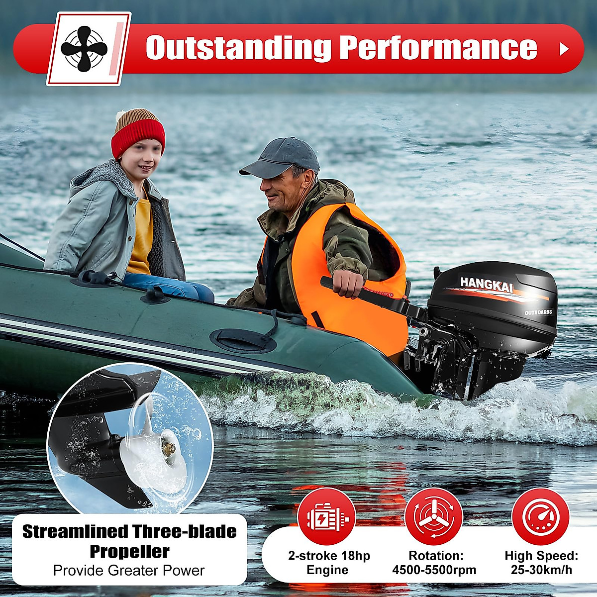 awolsrgiop 2 Stroke 18HP Outboard Motor Gas-Powered Water Cooling Boat Engine Long Shaft Tiller Control 246CC Heavy Duty Fishing Boat Kayak Engine Outboard Motors Boat Engine Motor