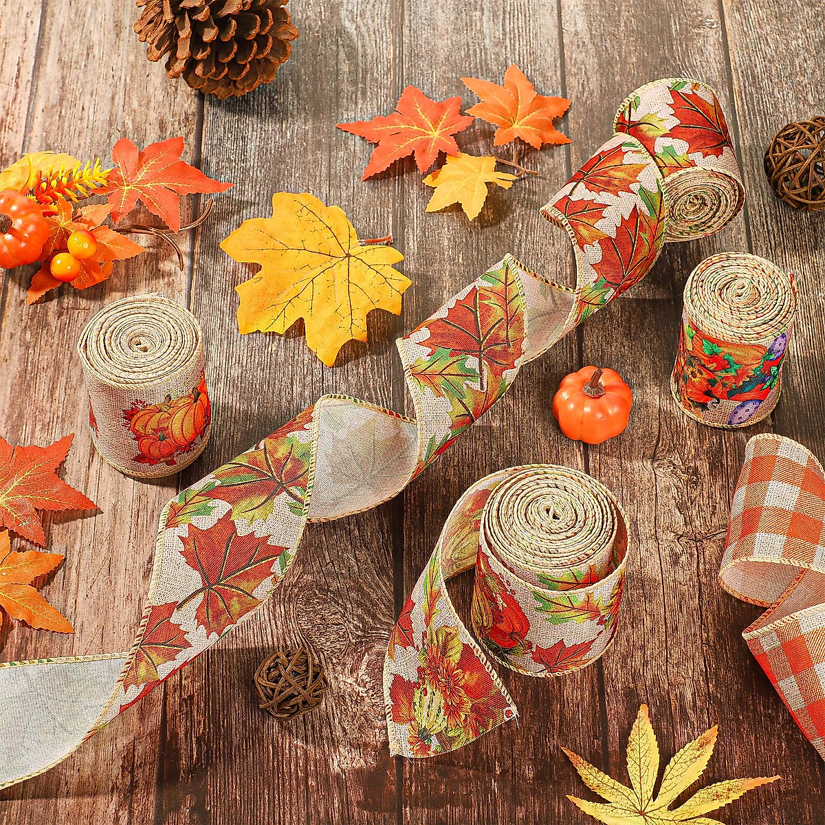 6 Rolls Fall Burlap Ribbons 2.5 Inch Wired Edge Pumpkin Maple Leaf Ribbon Rustic Harvest Truck Orange Plaid Ribbon for Autumn Thanksgiving Gift Wrapping DIY Wreath Crafts, 30 Yards