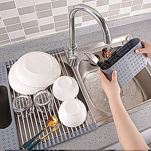 NiHome Roll Up Dish Drying Rack with Utensil Holder Over The Sink Dish Drying Rack Detachable Stainless Steel Dish Drainer,17.7" x14.7" Wide