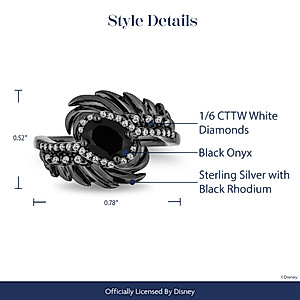 Jewelili Enchanted Disney Fine Jewelry Sterling Silver with Black Rhodium 1/6 Cttw Diamonds and Onyx Maleficent Wings Ring size 9