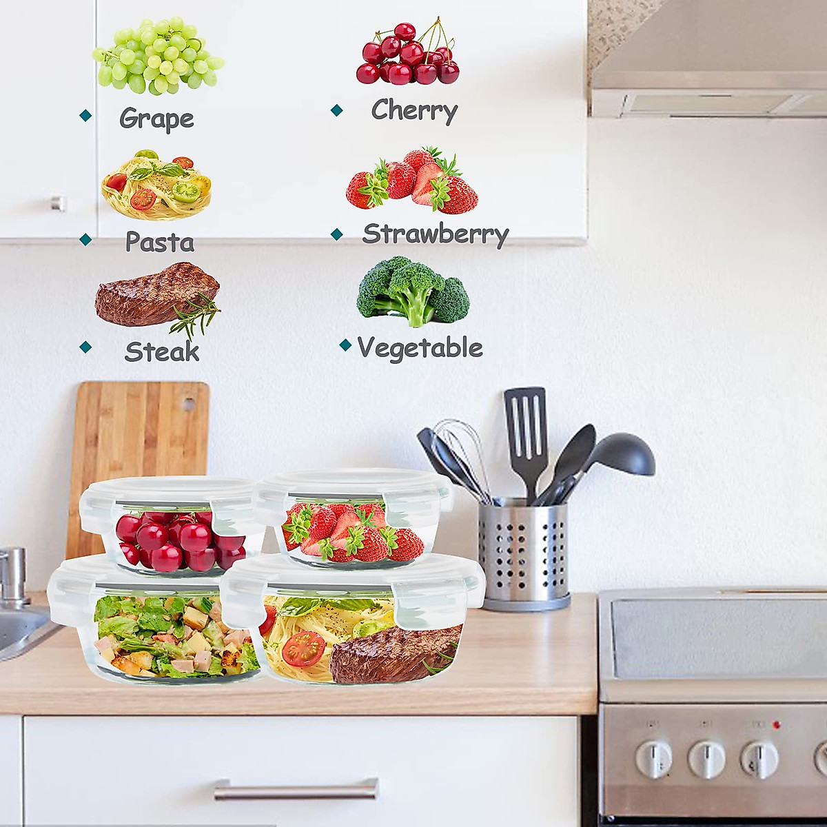 salato Glass Storage Containers with Lids 8 Piece, 100% Leak Proof & BPA Free Glass Containers with Lids, 4 Set Nesting Round Glass Food Storage Containers Safe for Freezer/Oven/Microwave, Grey