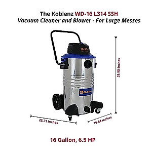 Koblenz Stainless Wet-Dry 6.5 HP Vacuum Cleaner and Blower with Rear Pull Handle, 16 Gallon Tank, Stainless Steel/Black