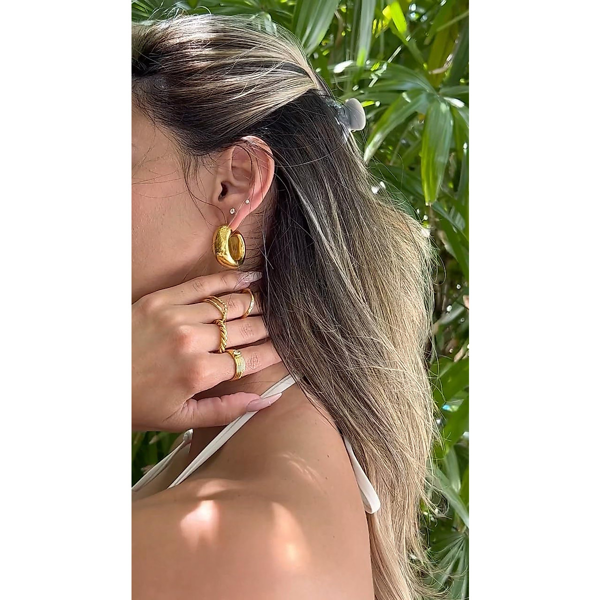 Thick Gold Chunky Hoops Earrings for Women Water Proof,18K Real Gold Plated Open Hoop Lightweight Hollow Non-Tarnish Earrings For Women