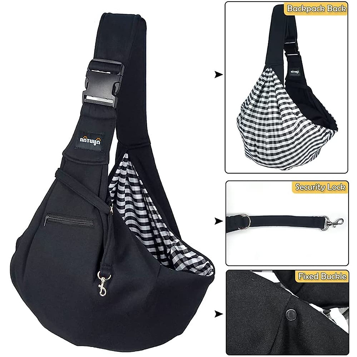 NATUYA Small Dog Carrier Sling Cat Sling,Adjustable Strap Hand Free Pet Puppy for Outdoor Traveling Subway (Black, Snap)