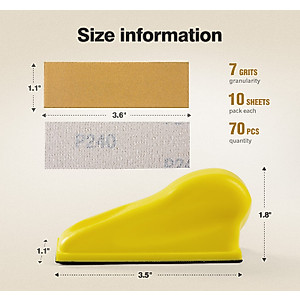 S SATC Micro Hand Sanding Block Kit 3.5”x1.1”x1.8”Hand Sanding Block and 70 PCS Sandpaper Sheets 10 Each 80/120/150/180/220/240/400 Grit Wood Woodworking, Small Detail Finishing Sander
