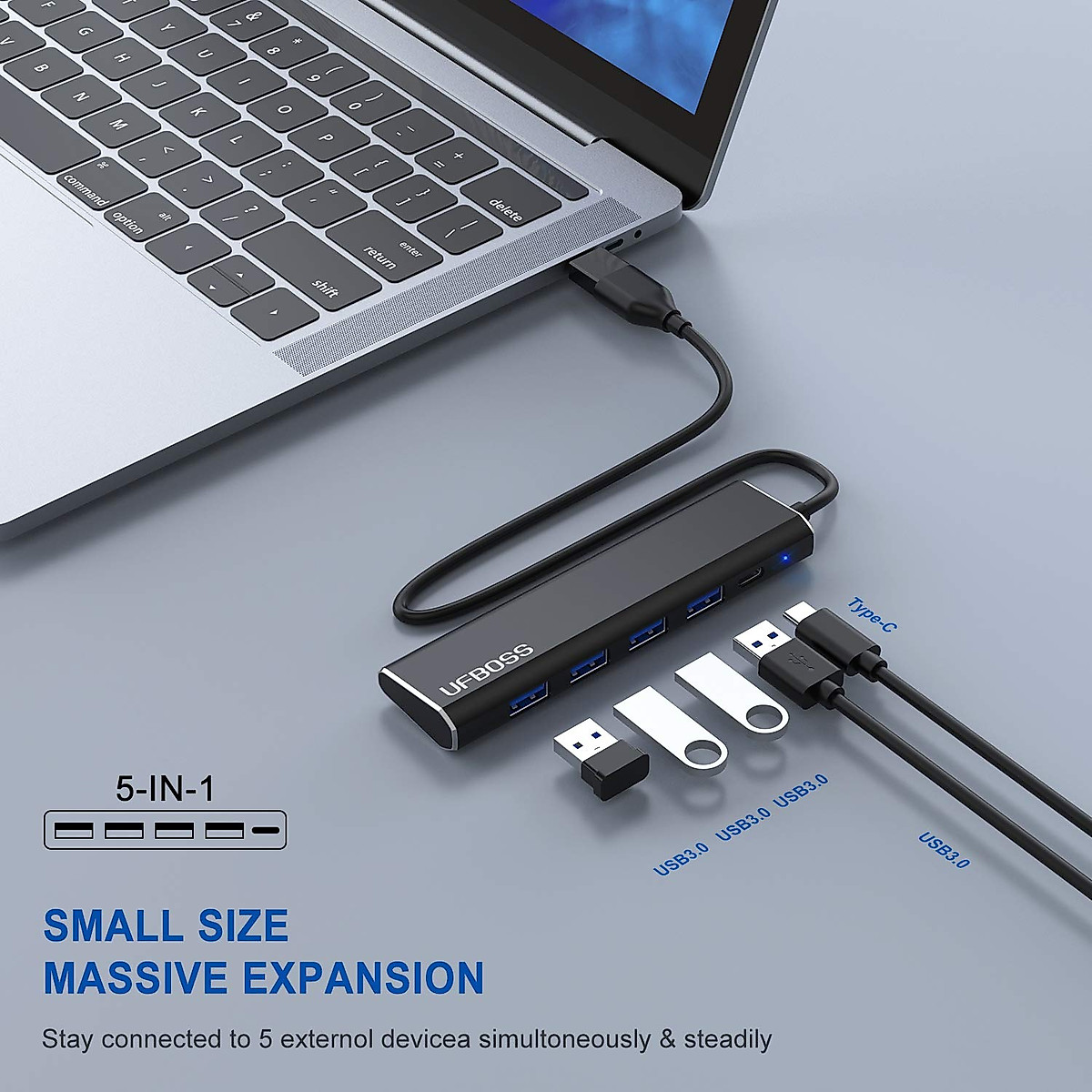 UFBOSS 5-Ports Ultra Slim Aluminum USB 3.0 Hub, 4 Portt 5Gbps USB3.0 with One USB-C Charging Port USB Splitter - Compatible with Laptop, iMac Surface Pro, XPS, PC, Flash Drive, Mobile HDD