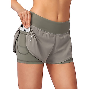 Soothfeel Women's 2 in 1 Running Shorts Workout Athletic Gym Yoga Shorts for Women with Pockets Green
