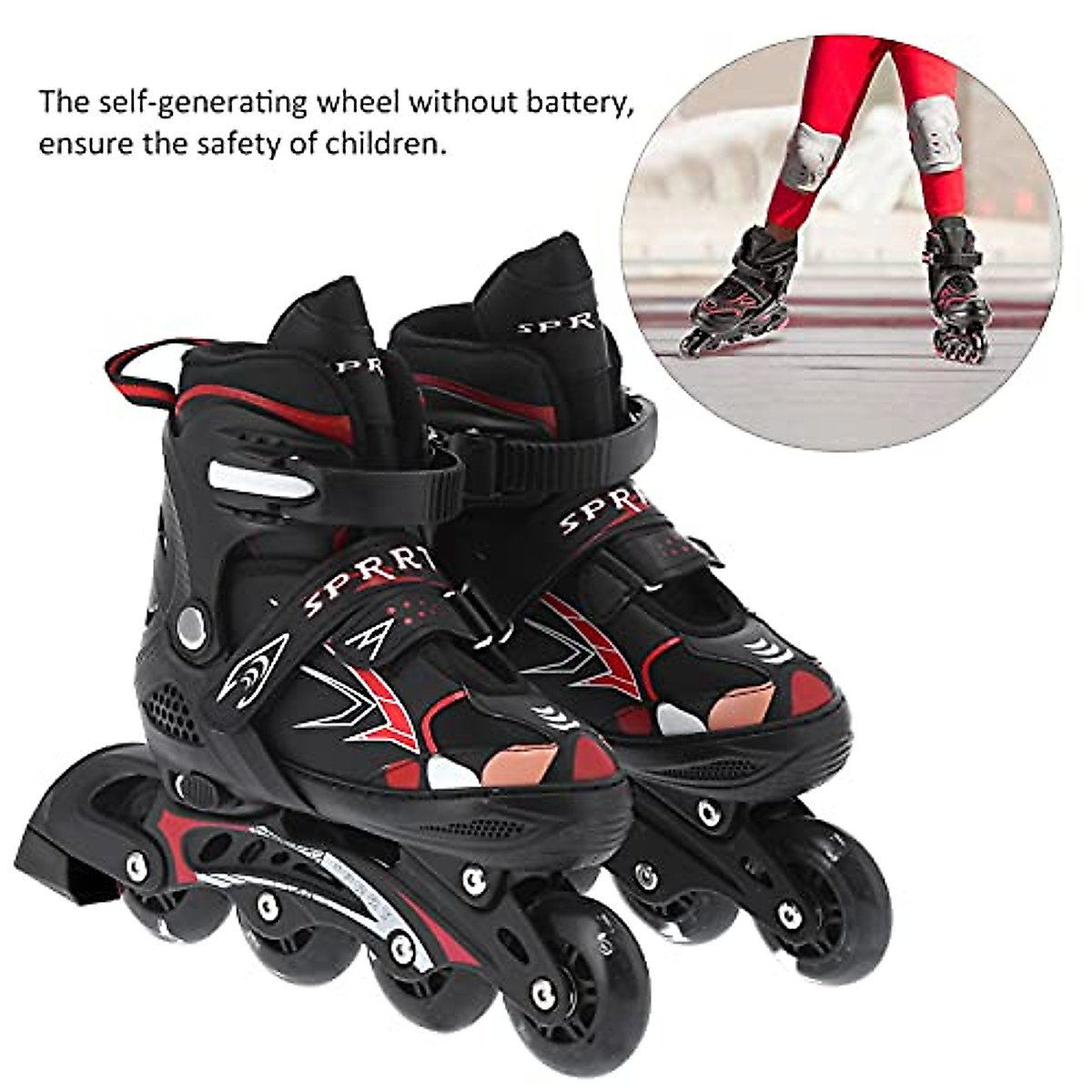 Children Triple Protection Roller Skates, Adjustable Inline Breathable Mesh Roller Skates Indoor Outdoor Kids Toy with Self‑Generating Light Wheel Girls Boys(Red S)