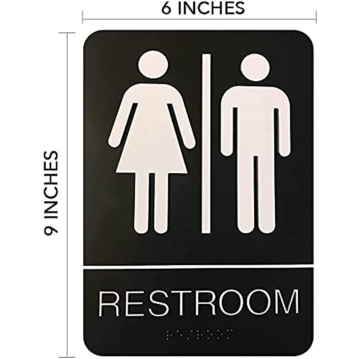 CORKO MANUFACTURING Unisex Braille Restroom Sign - Comes with Graphical Symbols and Double Sided 3M Tape to Secure Perfectly in Less Than a Minute - Size 9 x 6 Inch | Black