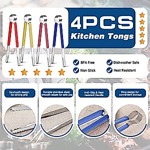 4Pcs Stainless Steel Kitchen Tongs, Serving Tongs for Cooking, 10" Metal Food Tongs with Non-Slip Comfort Grip, Non-Stick Cooking Tongs High Heat Resistant BBQ Tongs Grill Tongs for Barbecue Grilling…