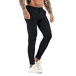 GINGTTO Men's Flat Front Pants Skinny Slim Fit Dress Pants for Men Stretchy Trousers(Black Plain,30)