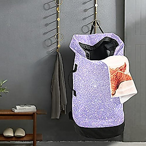 xigua Shiny Glitter Lavender Laundry Backpack Bag, Extra Large Laundry Bag with Straps, Portable Backpack Laundry Bag for College Dorm, Apartment, Laundromat